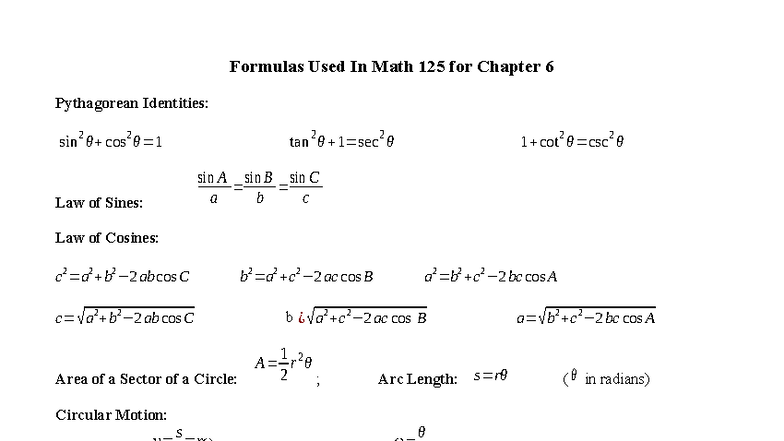 Math 125 Chapter 6 Formulas: Pythagorean Identities & More - Studocu