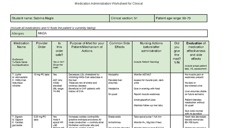 Medication Administration Worksheet for Clinical - Section 51 - Studocu