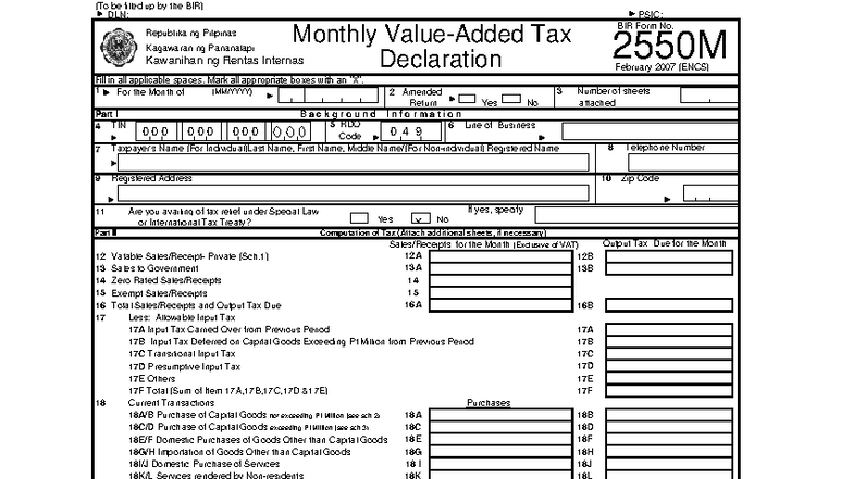 Blank BIR Form 2550M & 2550Q for Monthly & Quarterly VAT - Studocu