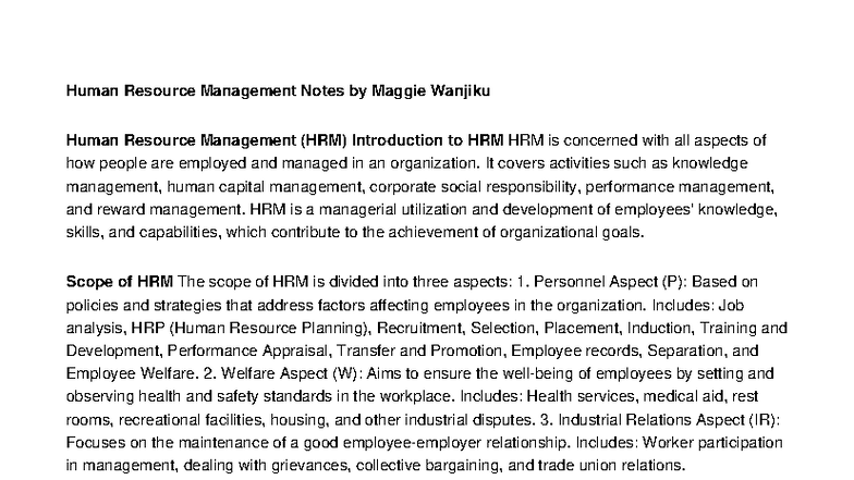 HRM 101: Comprehensive Notes on Human Resource Management - Studocu