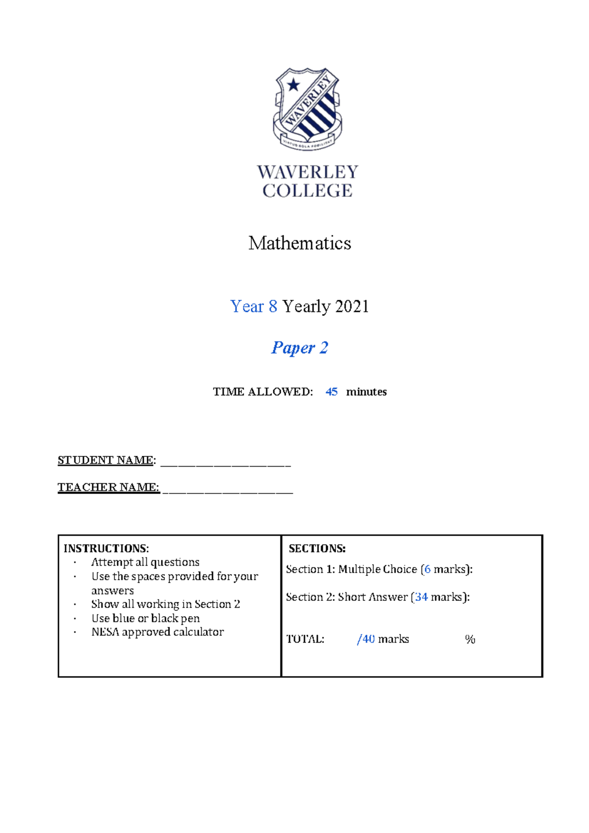 Y8 Mathematics Yearly Exam Paper 2 2021: Fractions & Linear ...