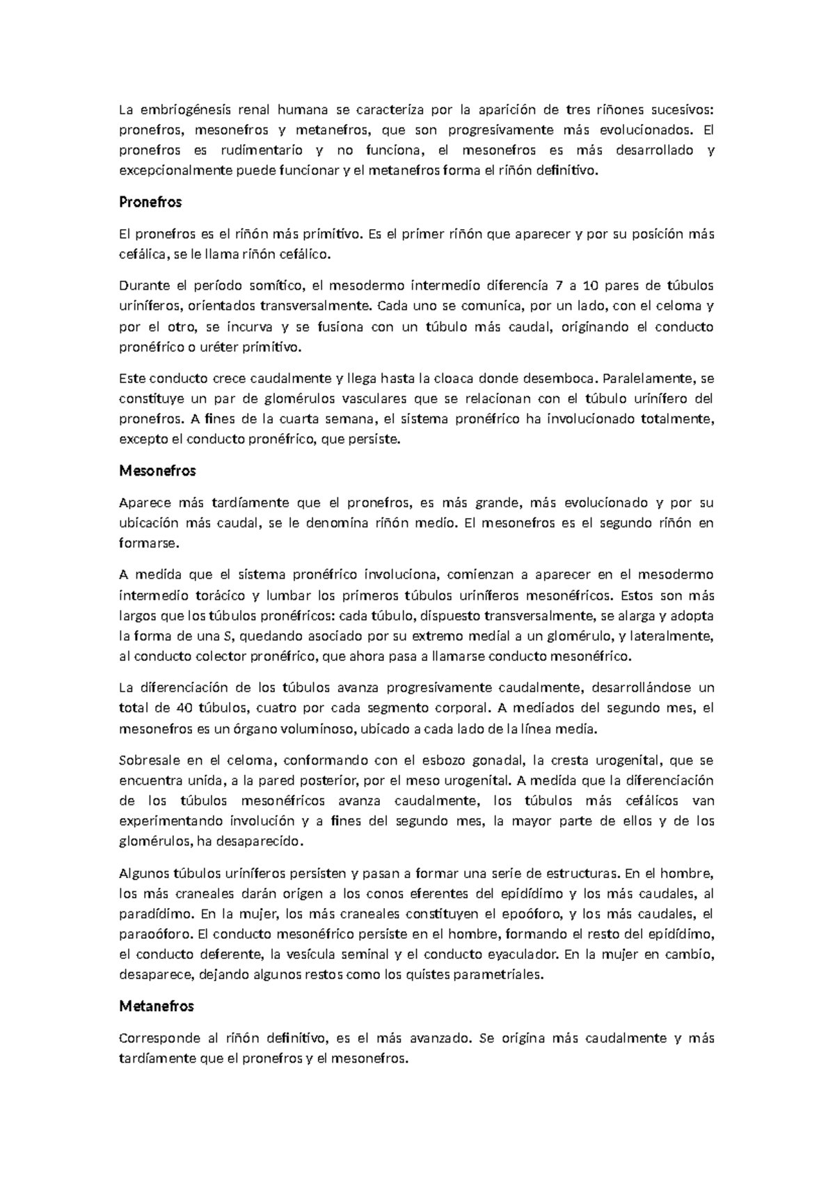 Embriogénesis Renal: Pronefros, Mesonefros y Metanefros - Studocu
