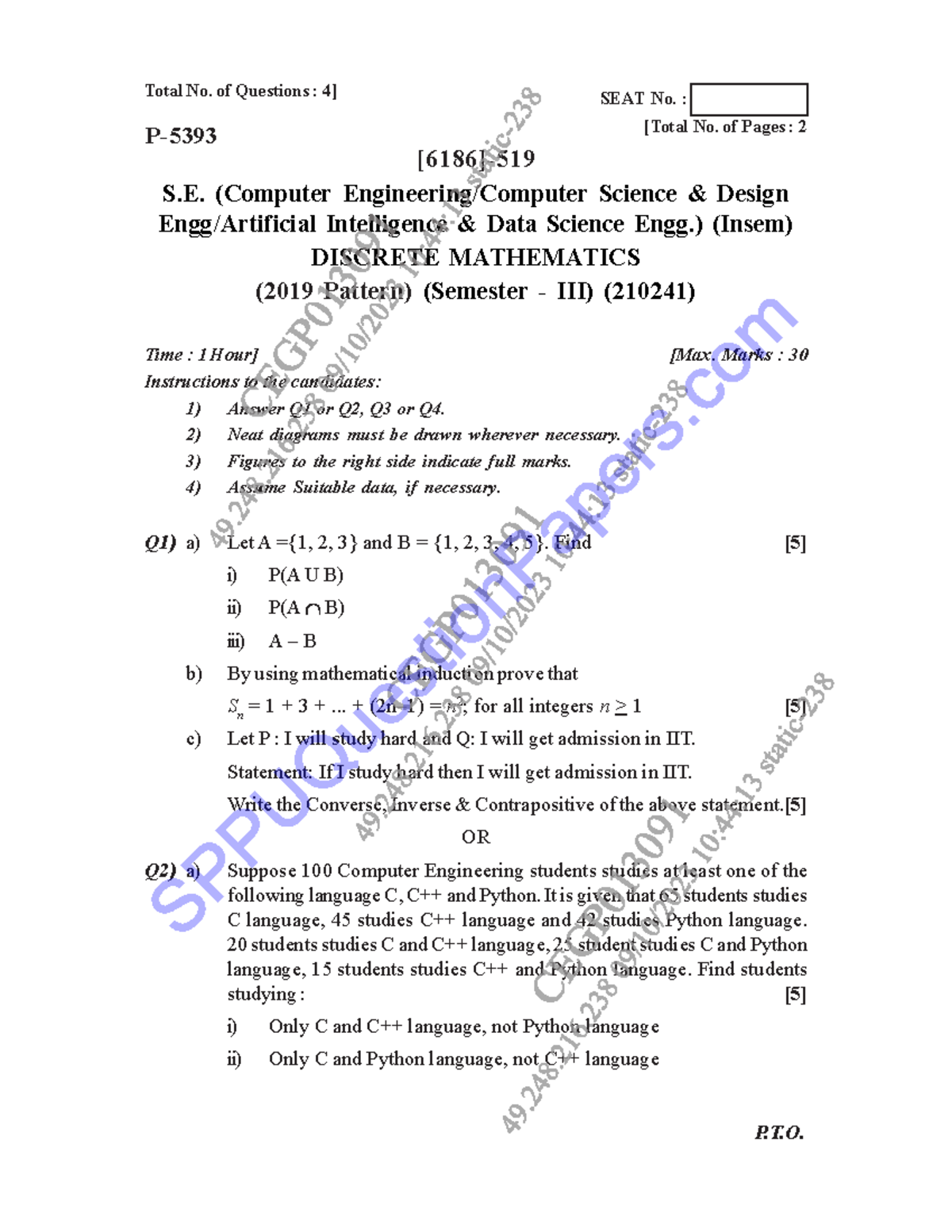 Discrete Mathematics (210241) Insem Question Paper - 2019 Pattern - Studocu