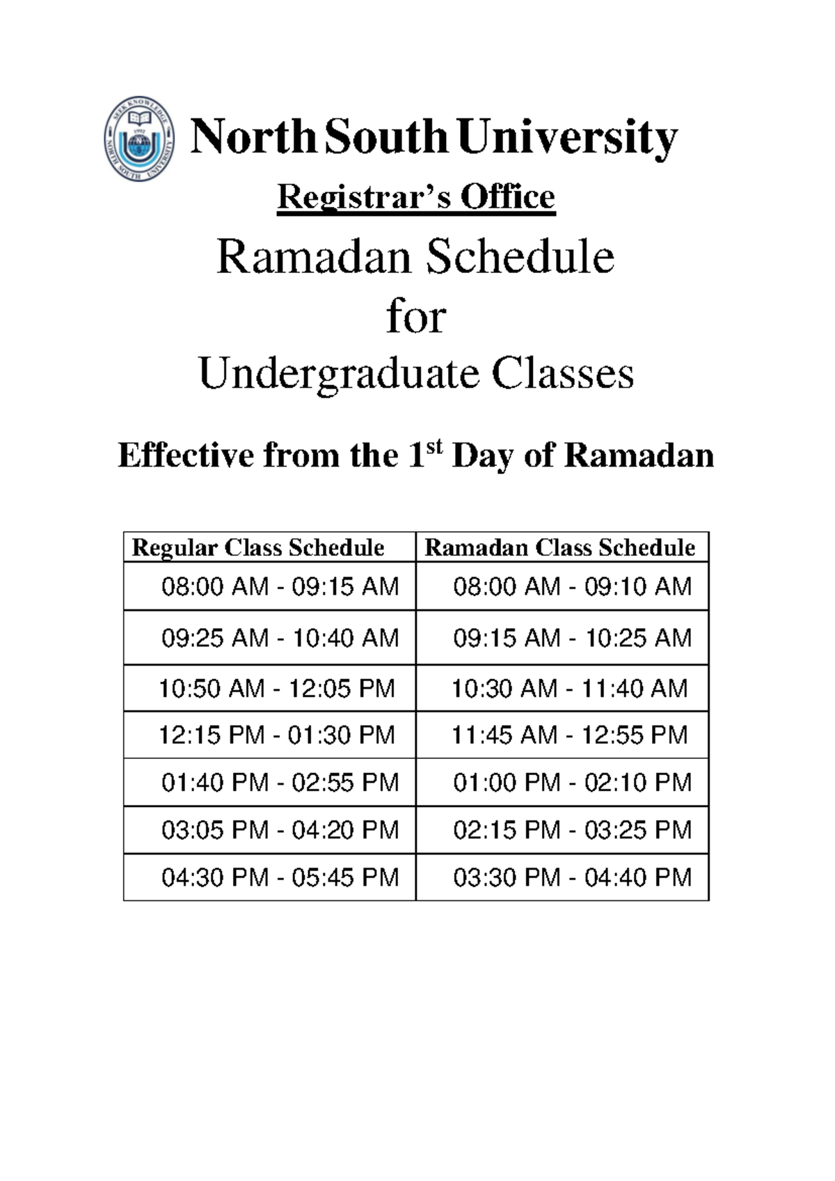 Ramadan Class Schedule 2024 - North South University Registrar’s Office ...