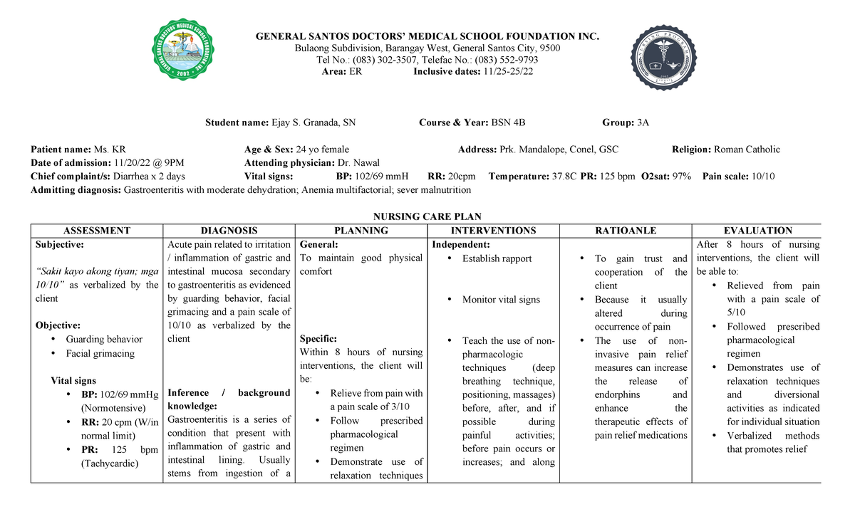ER NCP - Nursing Care Plan for Gastroenteritis Patient in Emergency ...