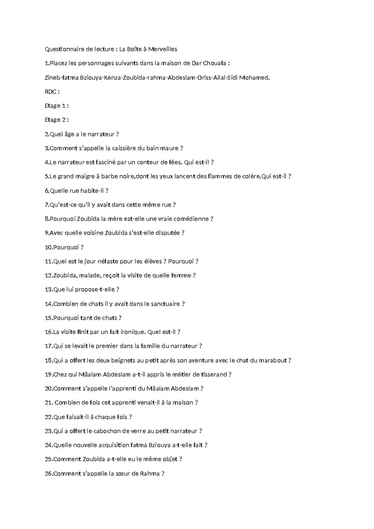 Questionnaire de Lecture : "La Boîte à Merveilles" - Analyse et ...