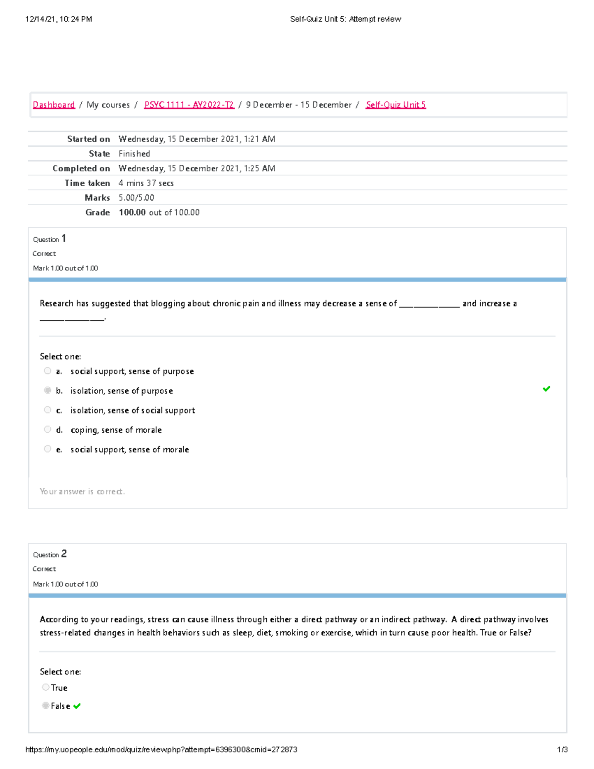 PSYC 1111 Self-Quiz Unit 5 - 12/14/21, 10:24 PM Self-Quiz Unit 5: Attempt review - Studocu