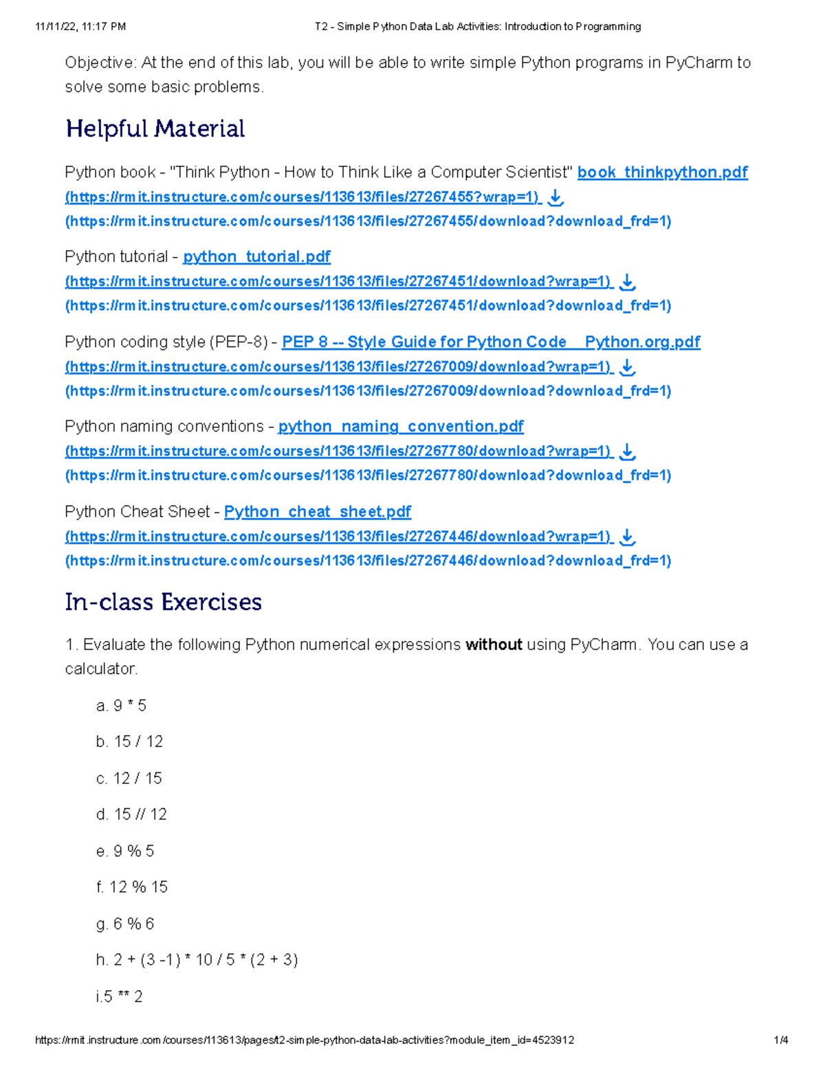 T2 - Simple Python Data Lab Activities Introduction to Programming - Objective: At the end of ...