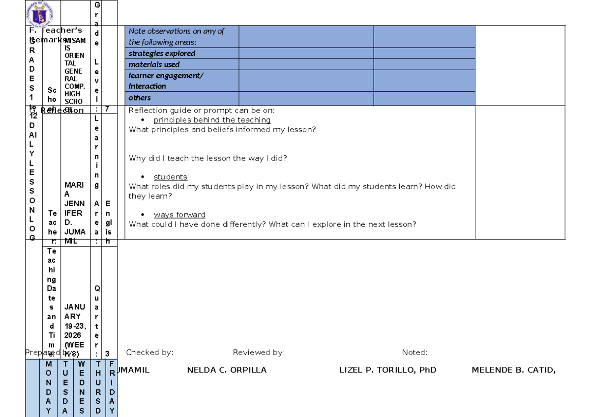 Q3 DLL-G7-WEEK-4: Reflection on English Teaching Strategies - Studocu
