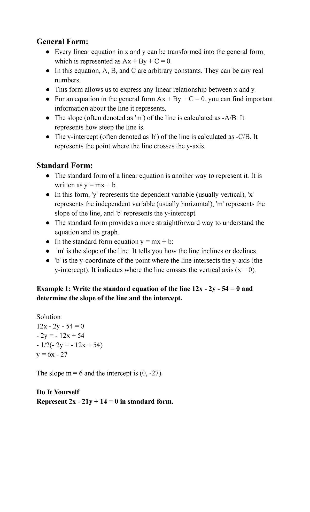 General and Standard Form of Linear Equations (Math 101 Notes) - Studocu