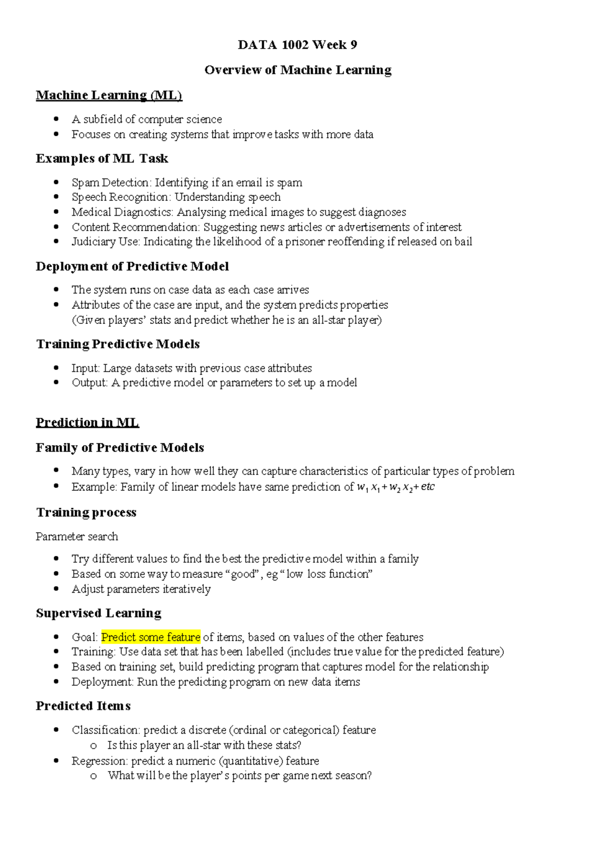 DATA 1002 Week 9a Notes: Overview of Machine Learning Concepts - Studocu