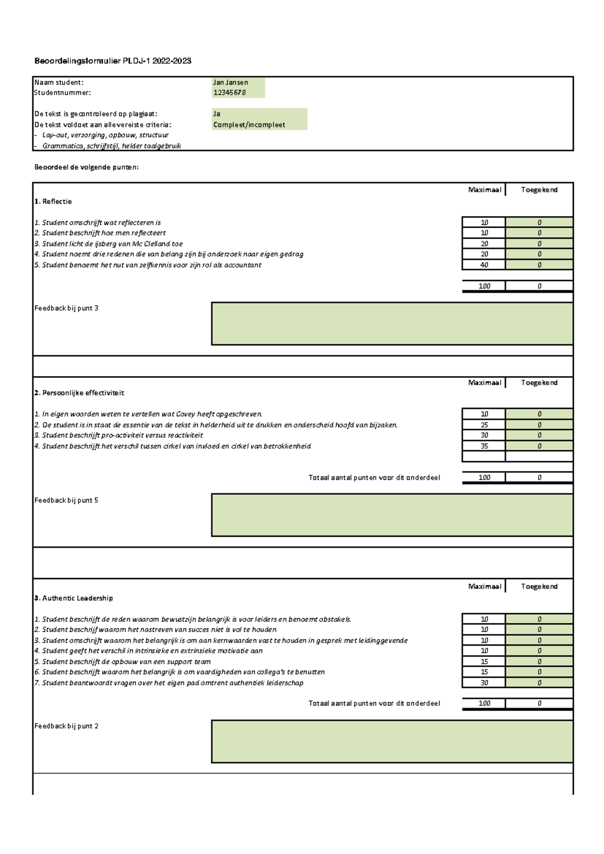 Beoordelingsformulier PLDJ-1: Reflectie en Leiderschapsevaluatie 2022 - Studeersnel