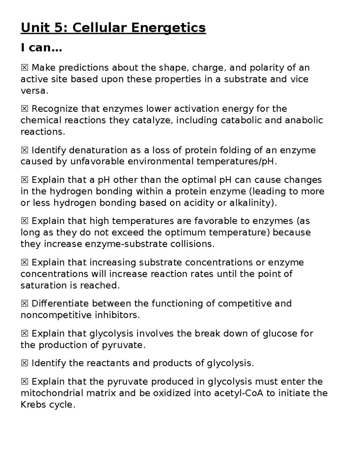 Unit 5. Cellular Energetics - I can - .. ☒ Make predictions about the ...