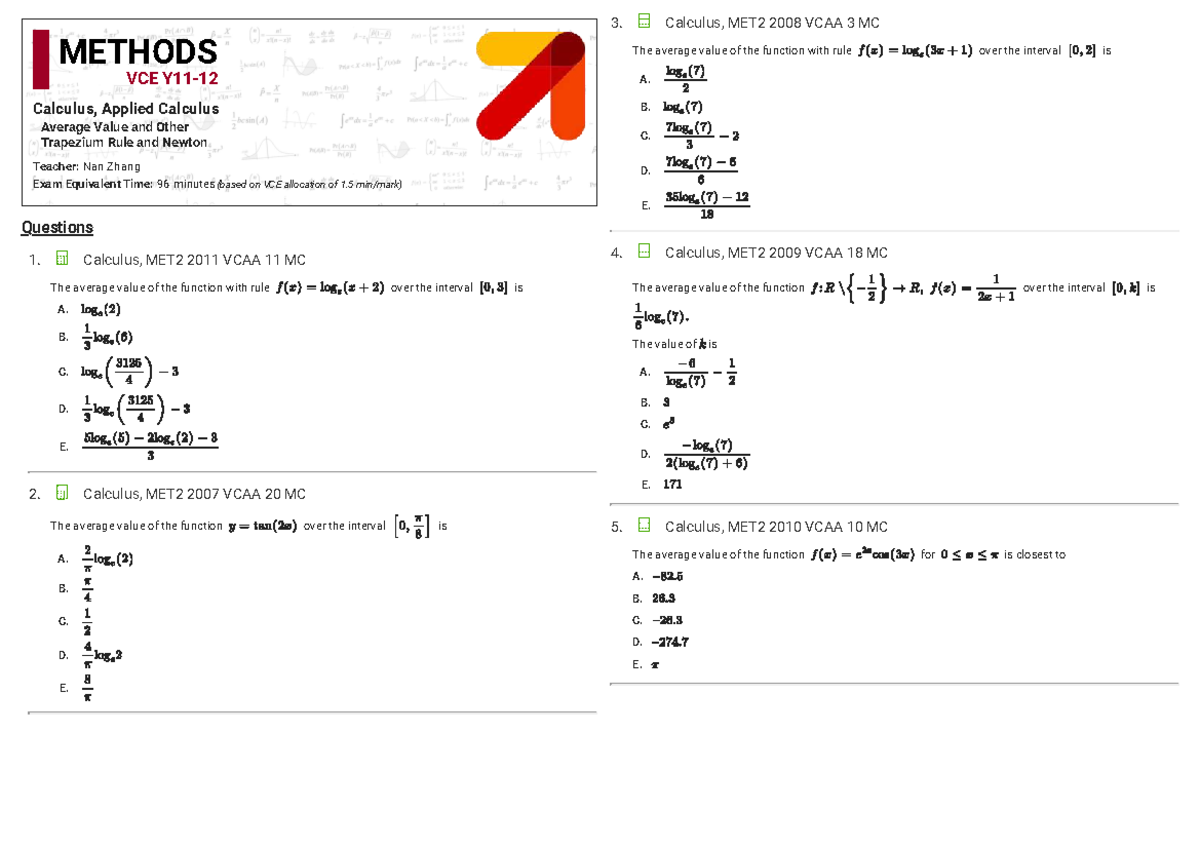 Calculus MET2 2025 Average Value & Trapezium Rule Worksheet - Studocu