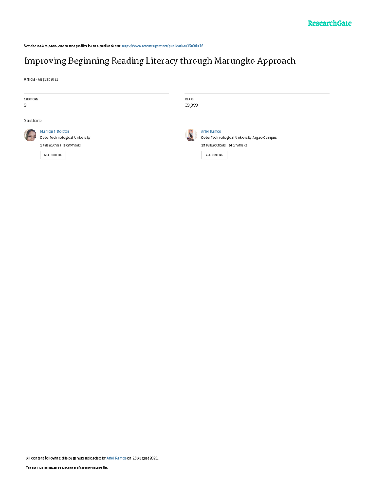 Improving Beginning Reading Literacy with Marungko Approach for Grade 1 ...