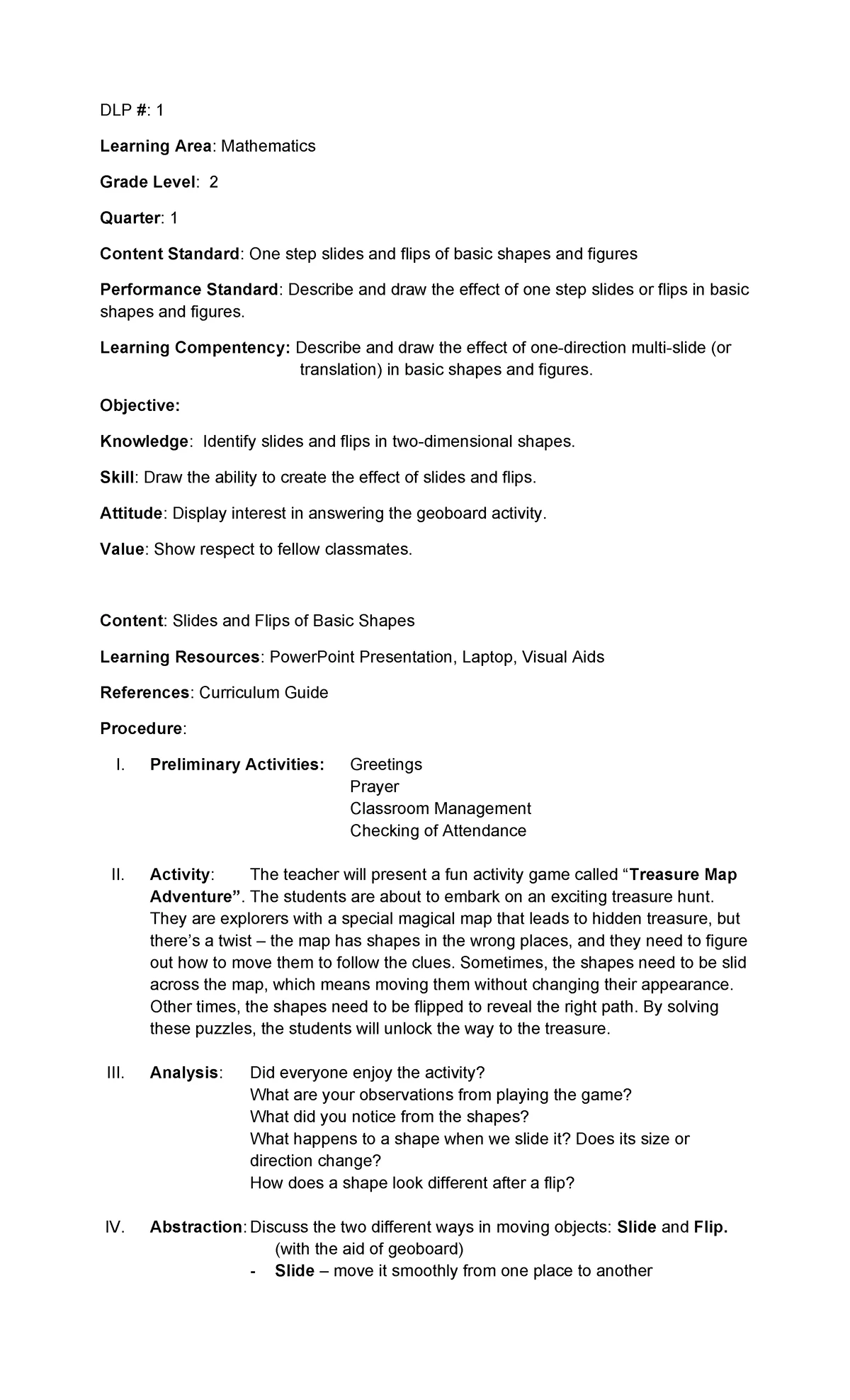 Math 2 Lesson Plan: Understanding Slides & Flips (Final) - Studocu