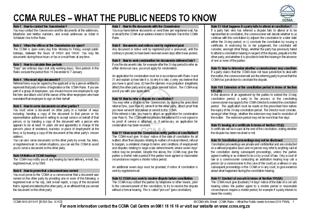CCMA-I808-2019 Info Sheet: Essential Rules for Public Awareness - Studocu
