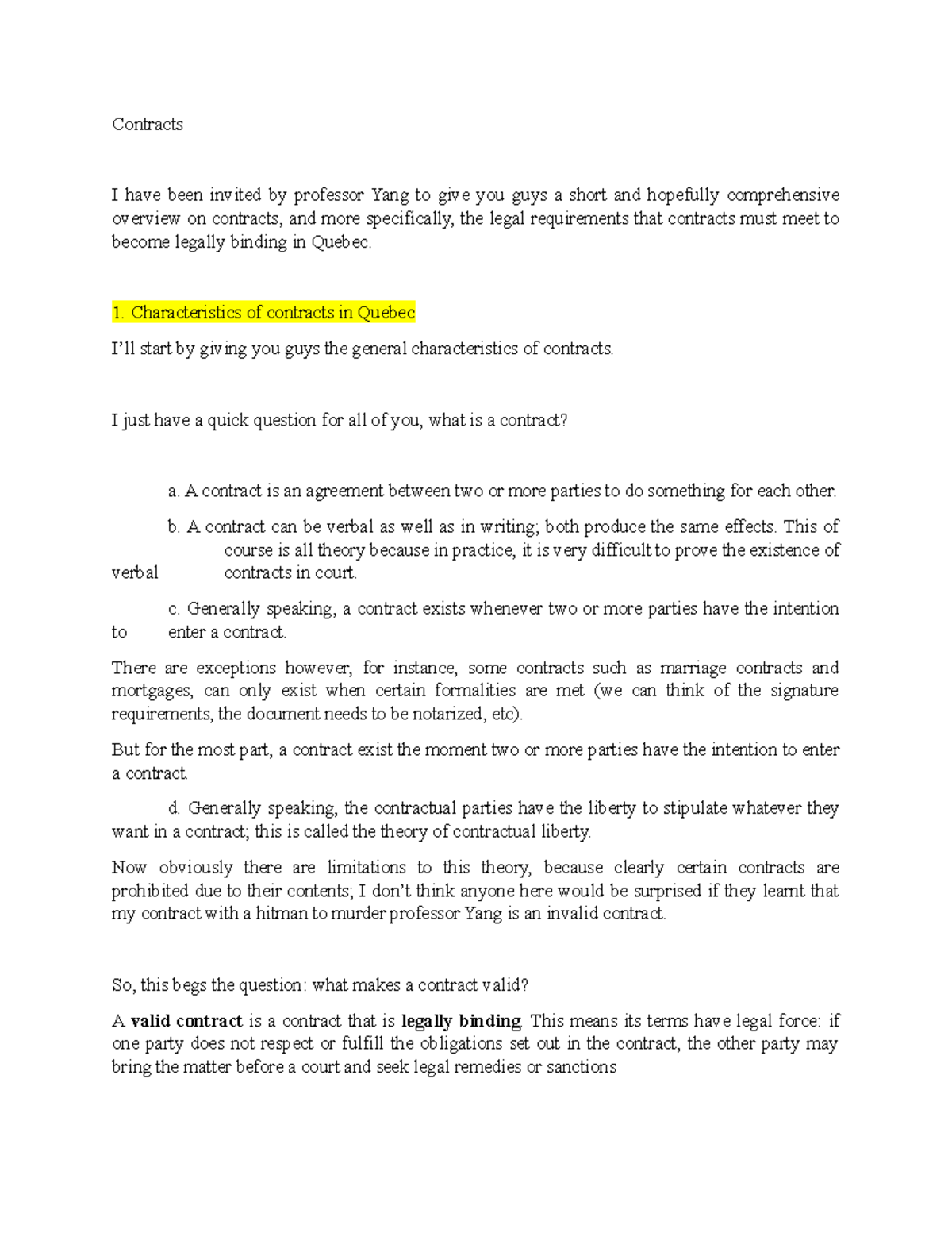 Contracts in Quebec: Legal Requirements Overview by Prof. Yang - Studocu