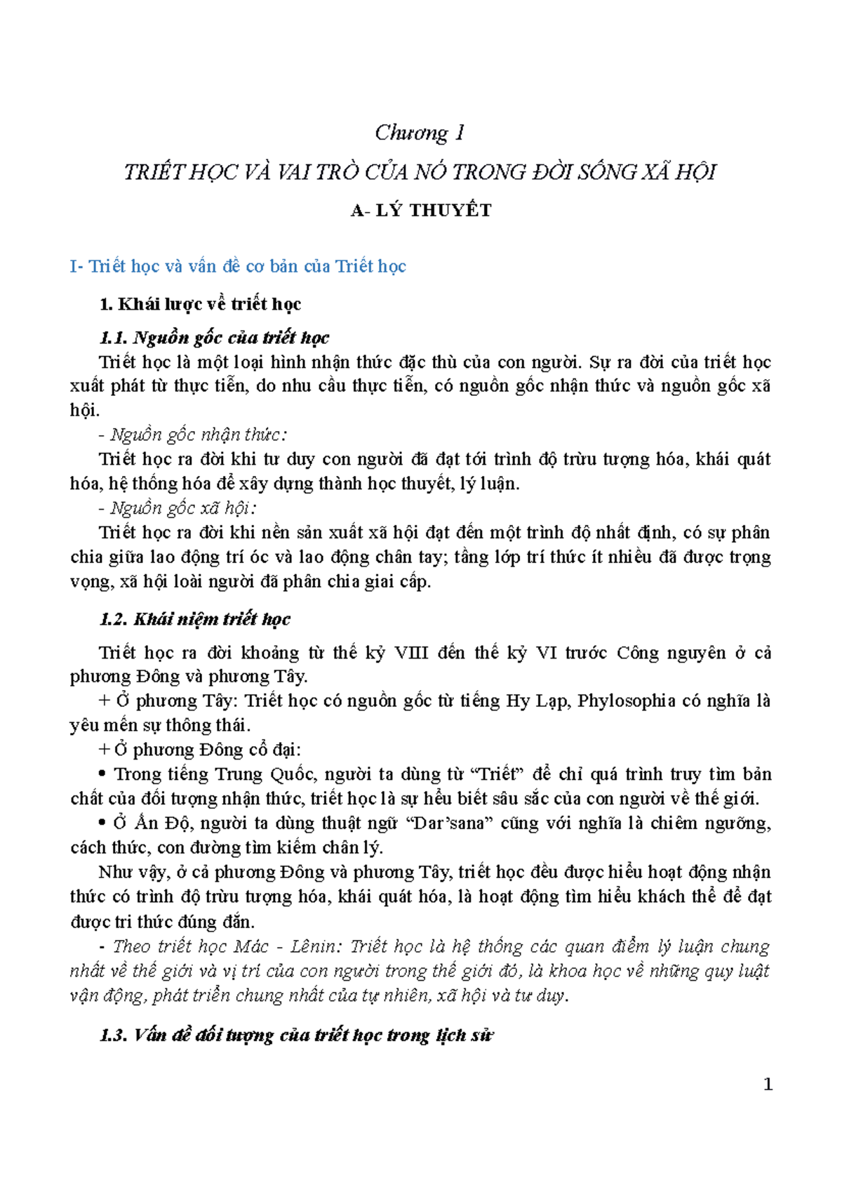 Chương 1: Triết Học và Vai Trò của Nó trong Đời Sống Xã Hội - NEU - Studocu