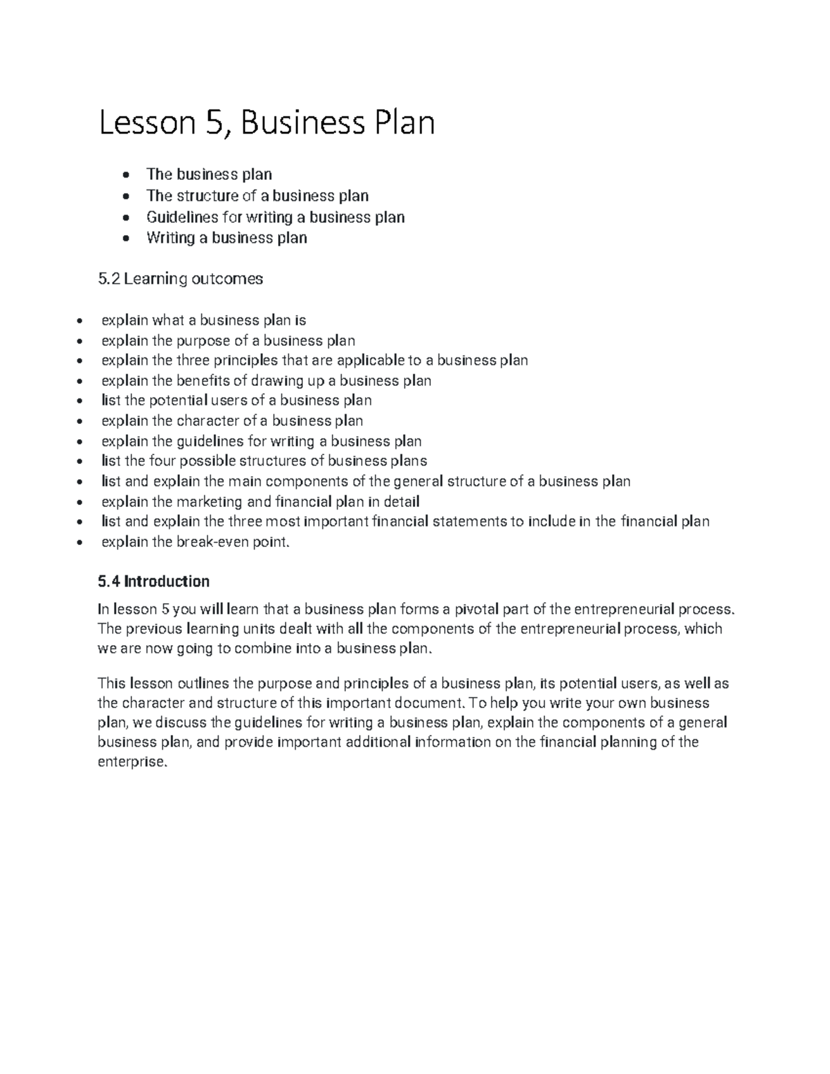 Lesson 5: Comprehensive Guide to Writing a Business Plan - Studocu