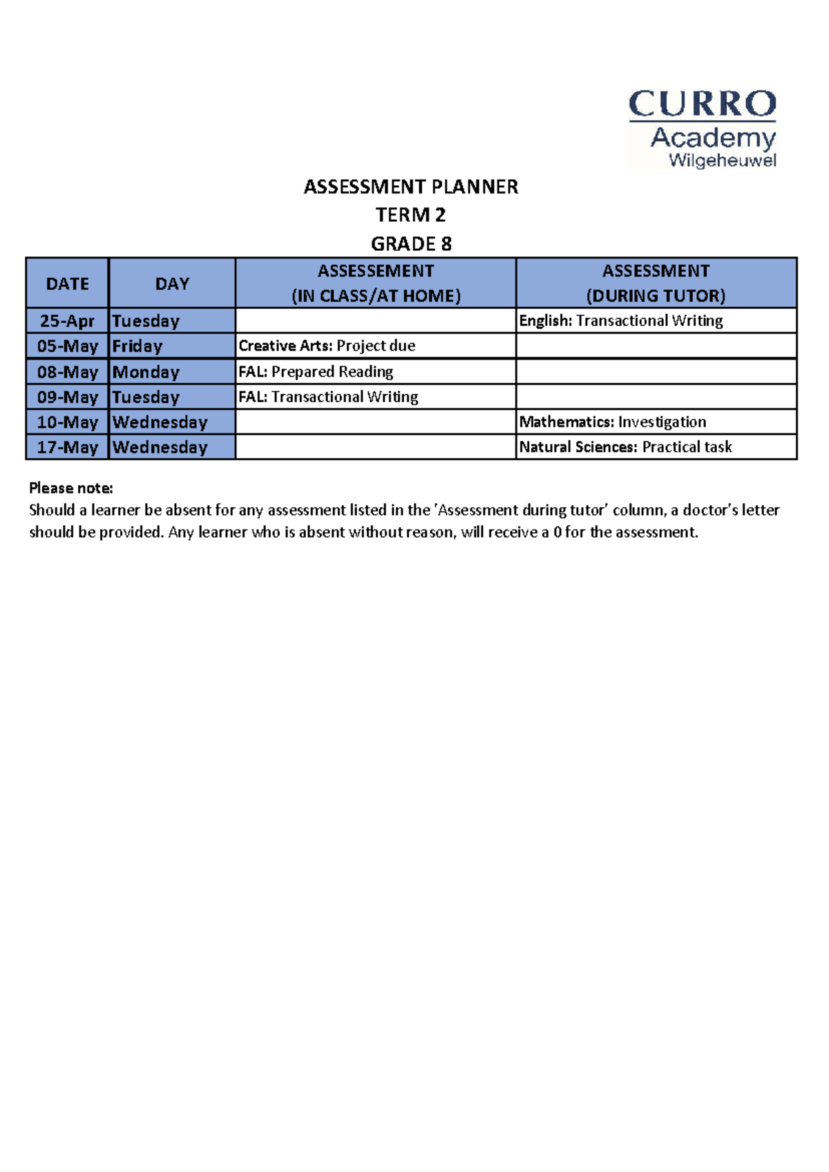 Assessment Planner Term 2 2023 - Grade 8 - DATE DAY ASSESSEMENT (IN ...