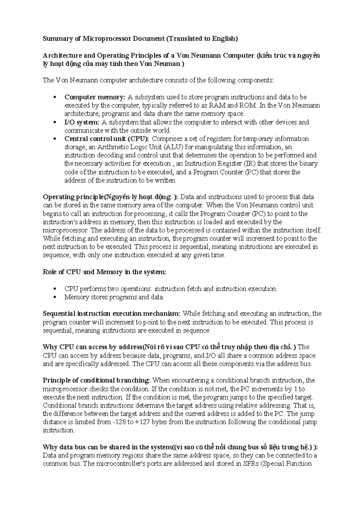 Summary of Microprocessor Architecture and Operating Principles (CS101) - Studocu