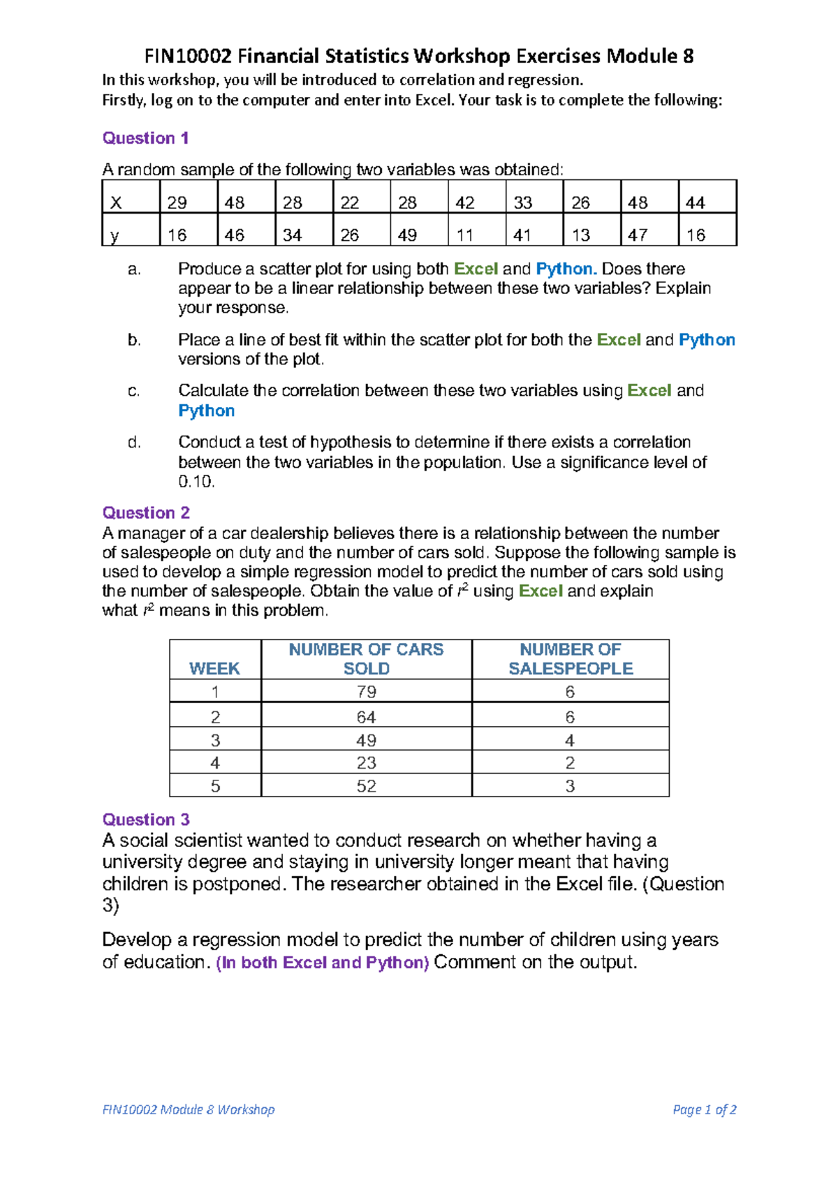 FIN10002 Module 8 Workshop - FIN10002 Module 8 Workshop Page 1 of 2 ...