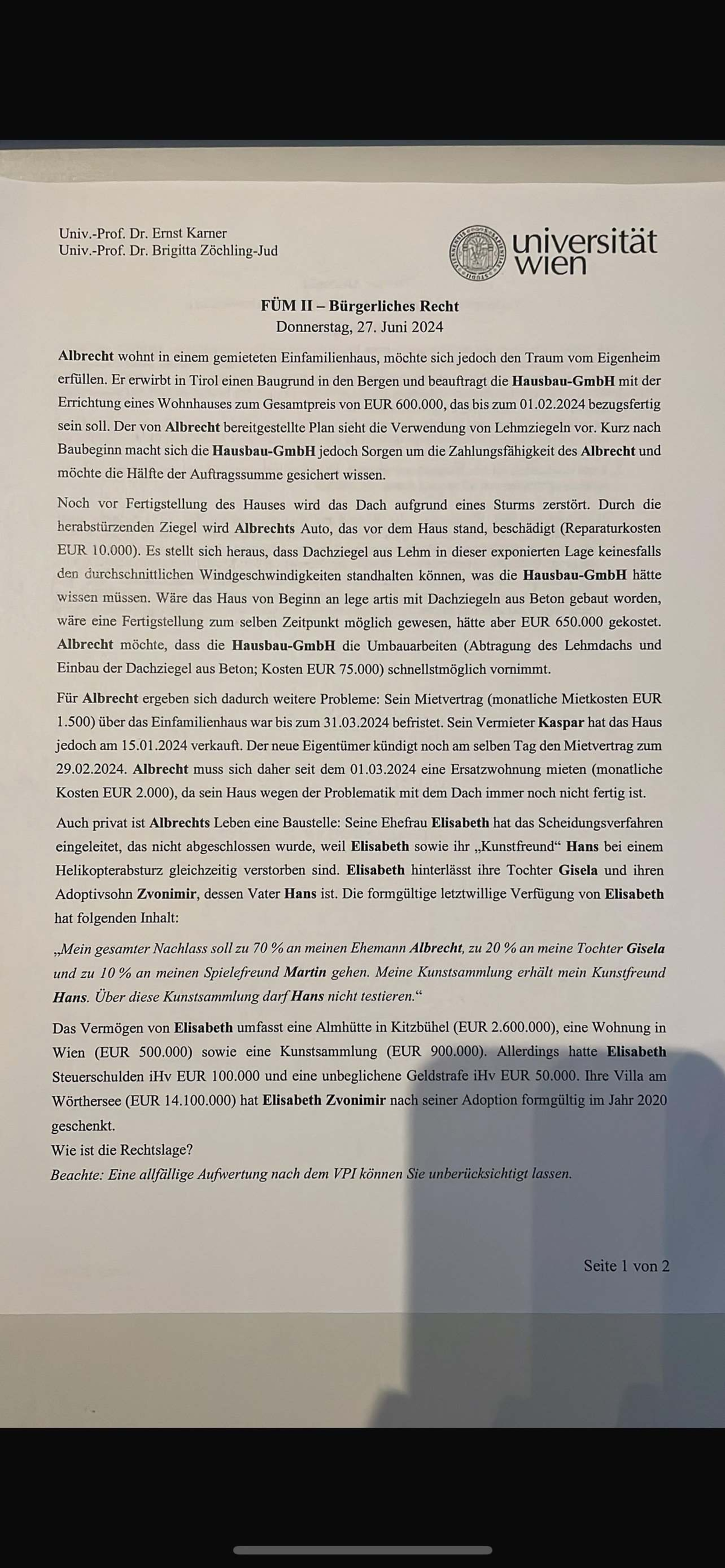FÜM II Bürgerliches Recht: Fallstudie Albrecht und Bauvertrag 2024 ...