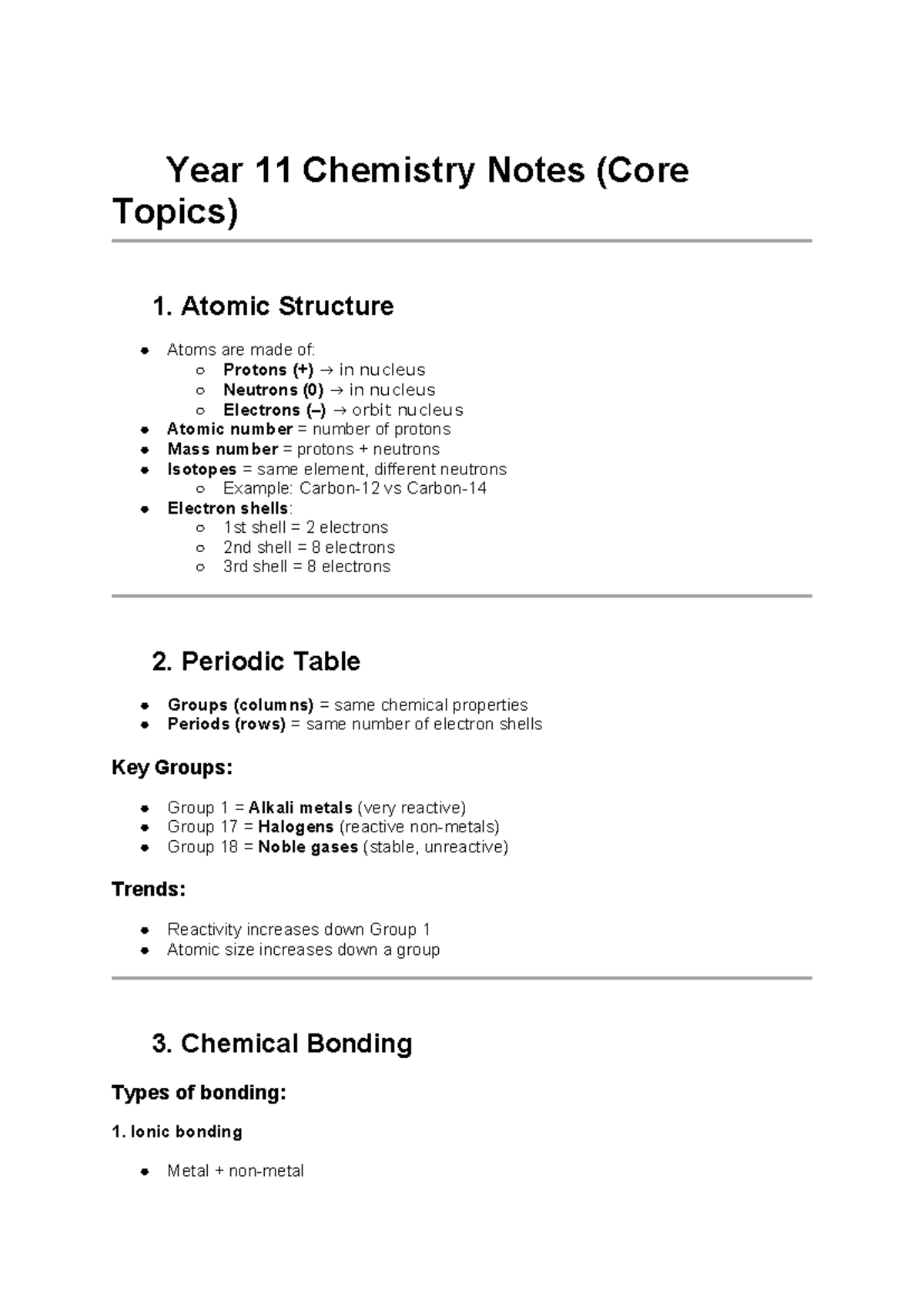 Year 11 Chemistry Notes: Core Topics Overview - Studocu