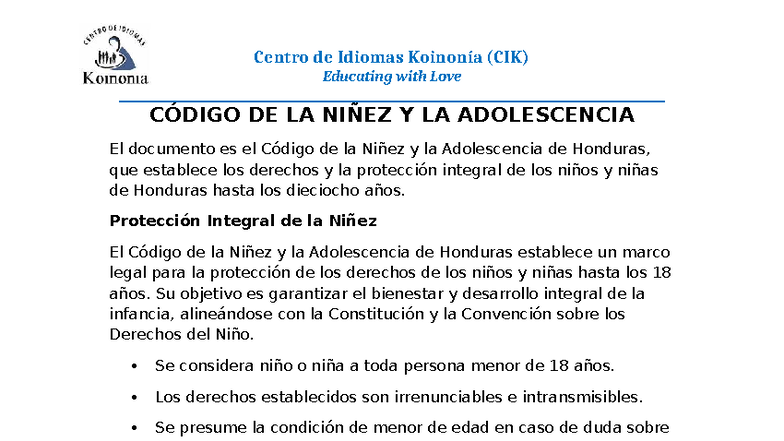 Código de la Niñez y la Adolescencia en Honduras - CIK - Studocu
