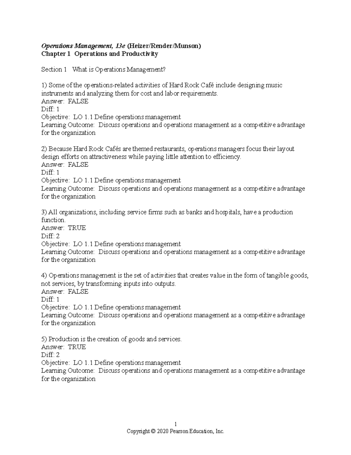 **OM 13e Final Exam Test Bank Solutions: Heizer Chapter 1 Overview ...