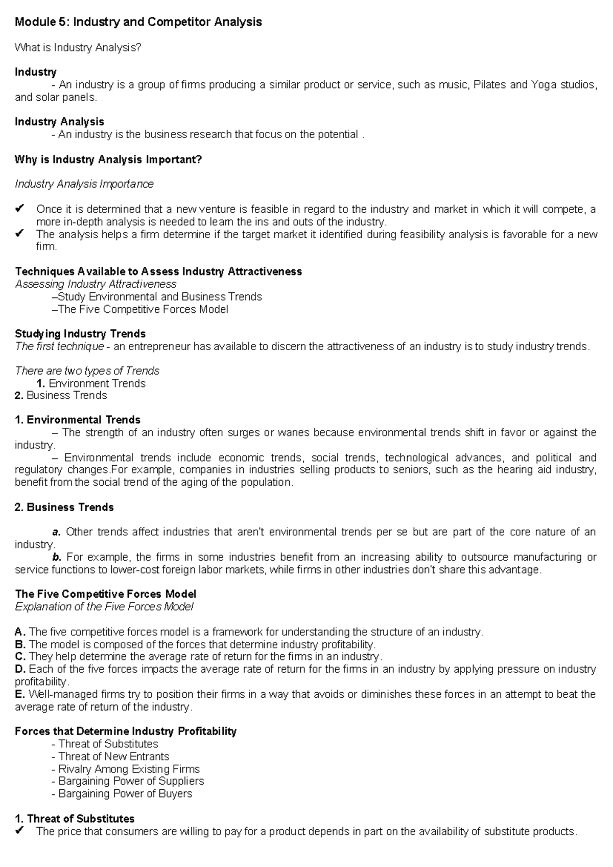 Module 5. Notes Entrep - Reviewer - Module 5: Industry and Competitor ...