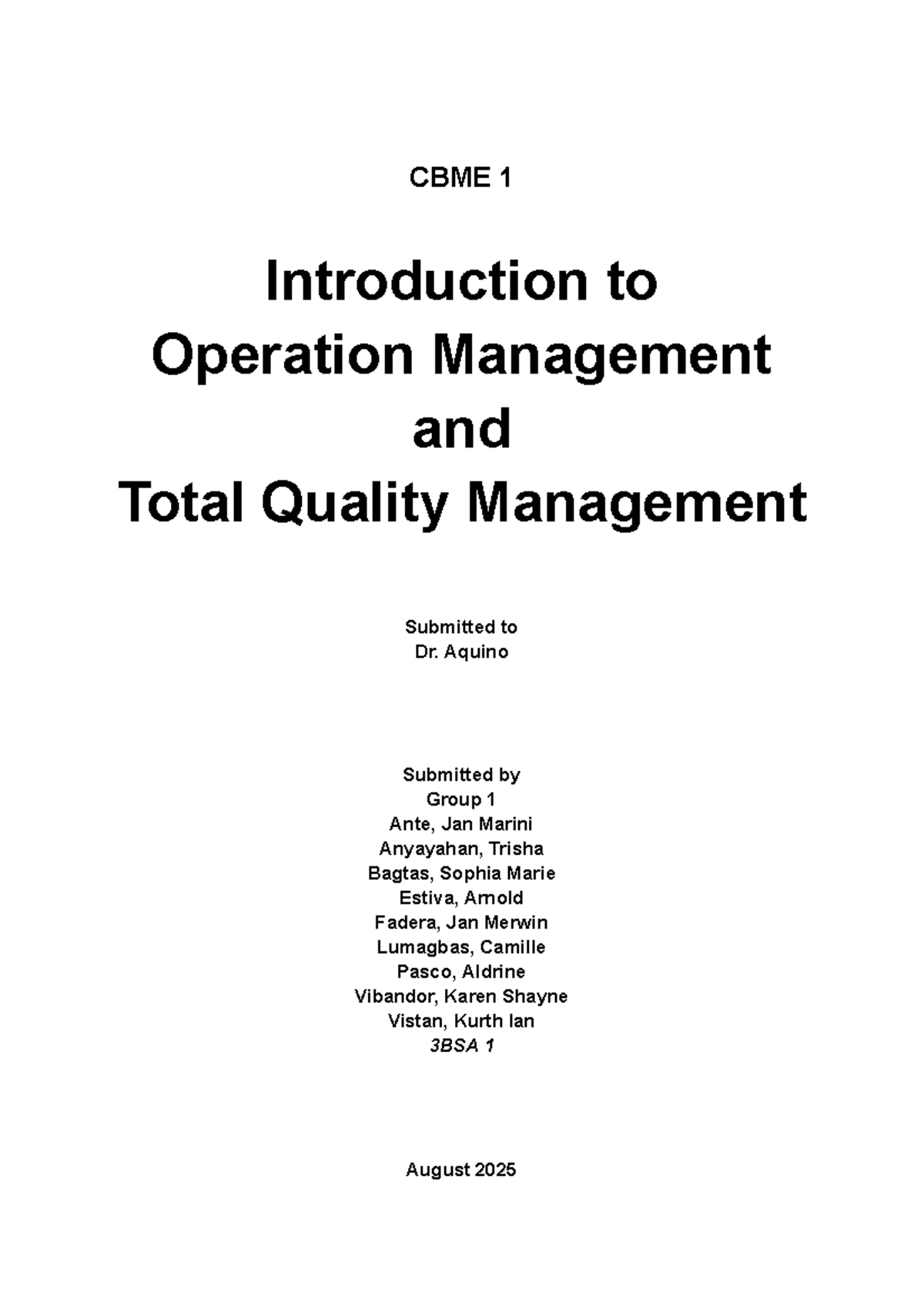 CBME 1 Introduction to Operations Management & Total Quality Management ...