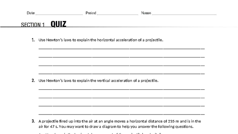 Chapter 6 Motion in Two Dimensions: Section Quiz on Projectile Motion ...