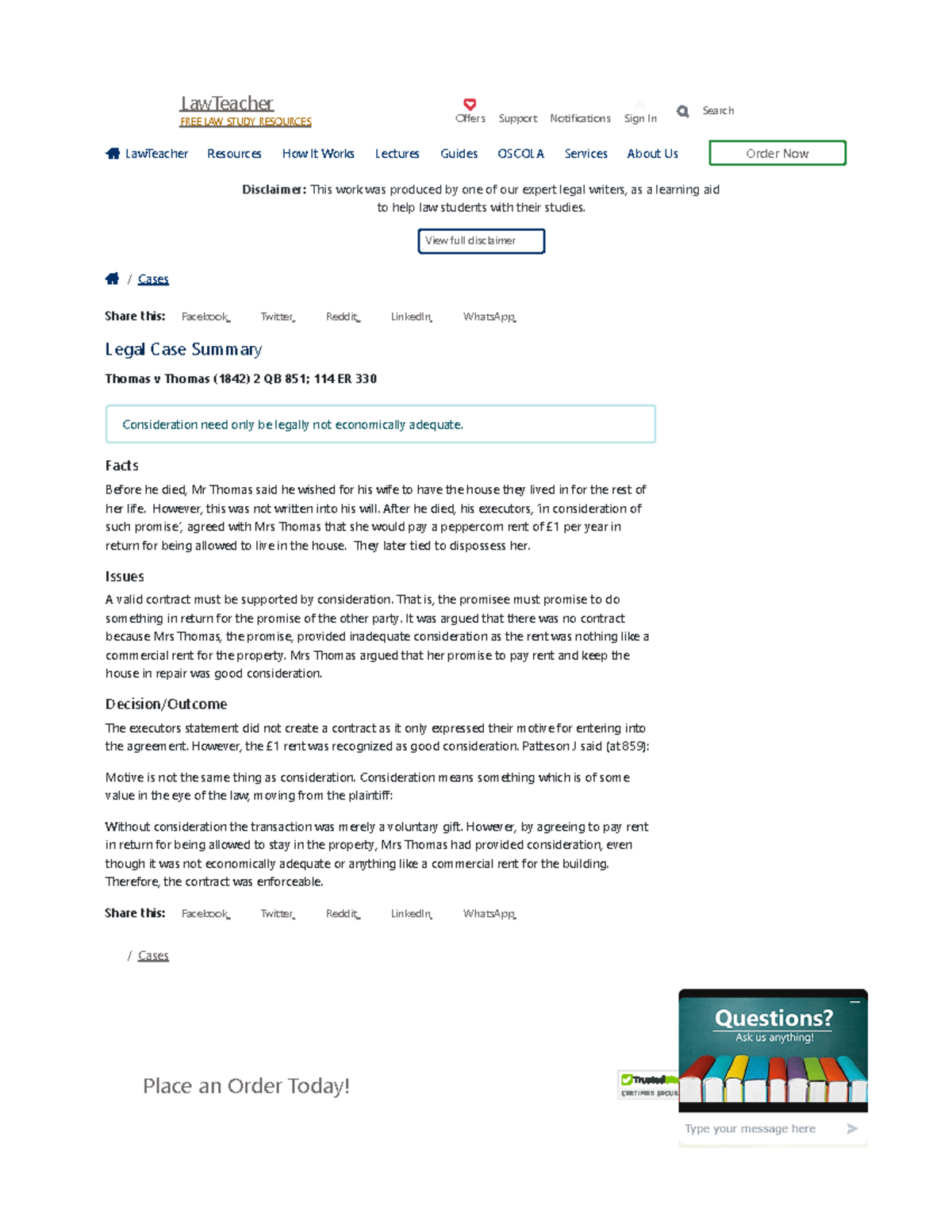 Thomas v Thomas (1842) Case Summary: Legal Principles of Consideration ...
