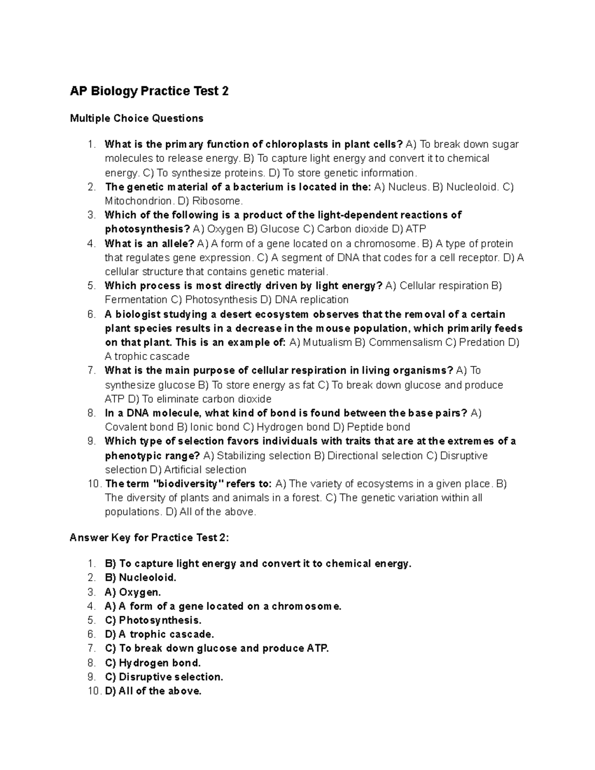 AP Biology Practice Test #2: Multiple Choice & Answer Key - Studocu