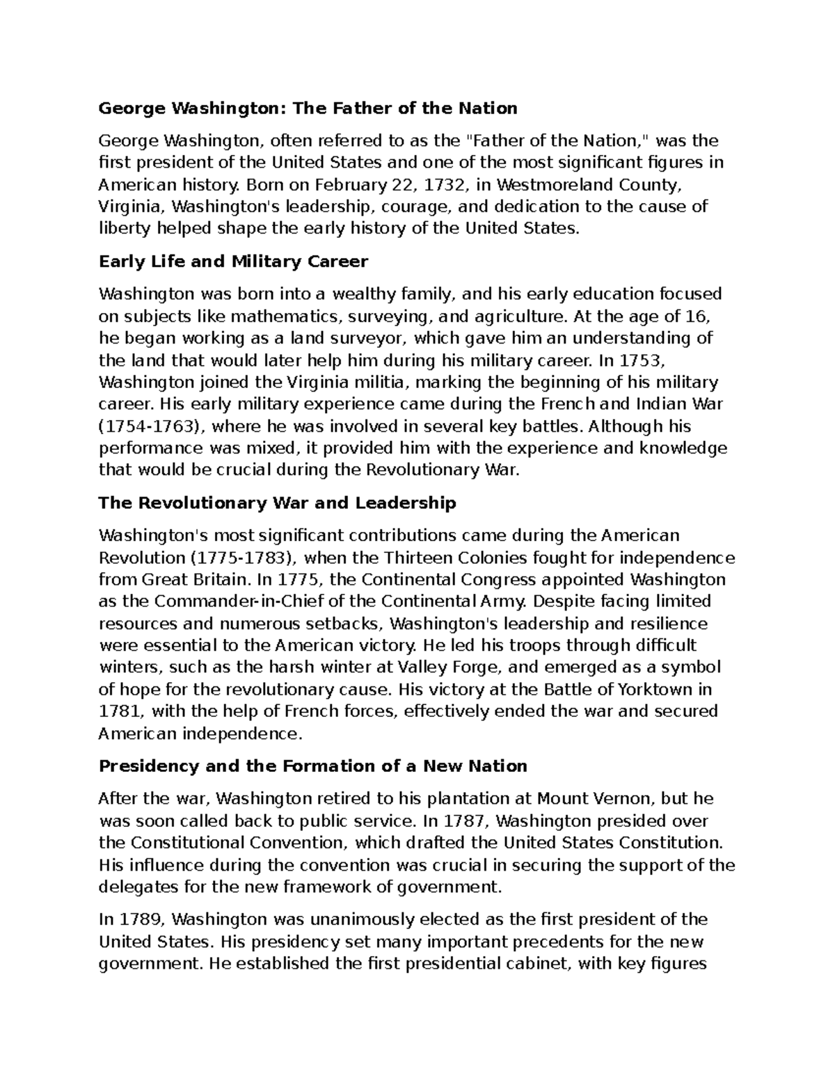 11111 - my paper - George Washington: The Father of the Nation George ...