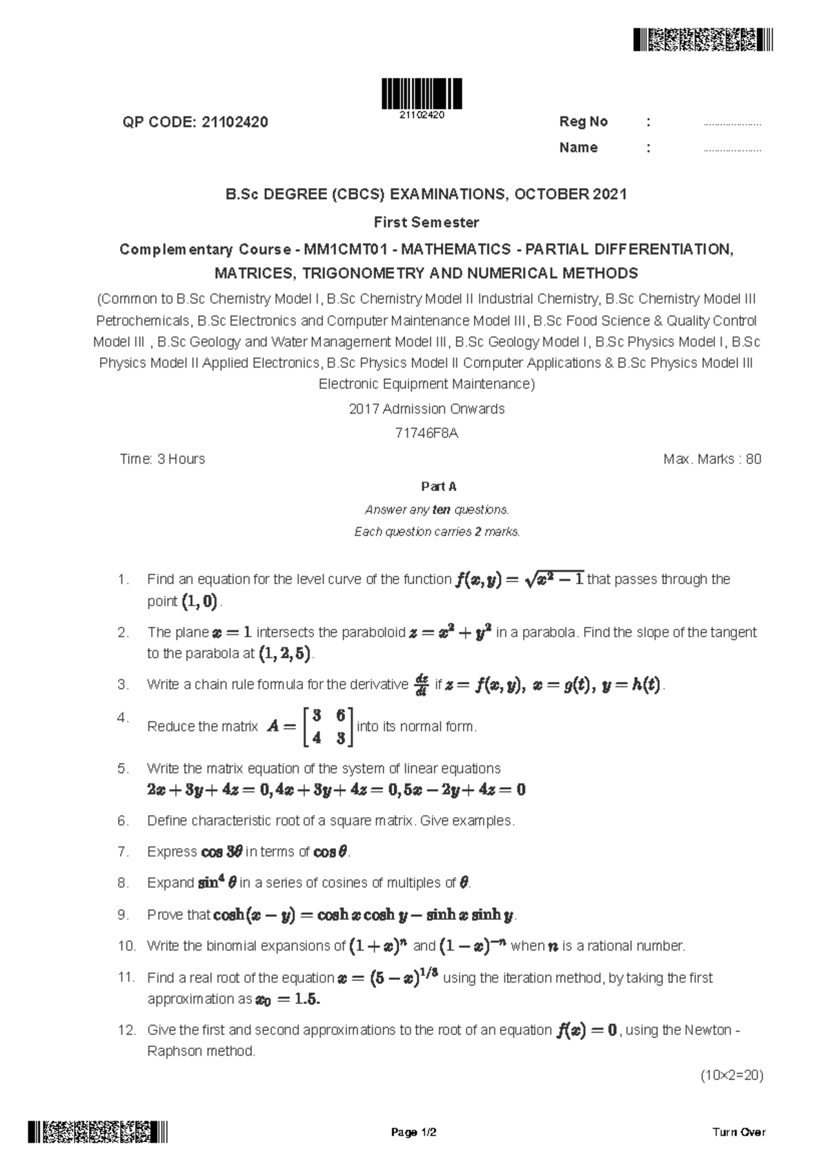 1st SEM QP - Complimentary Maths MM1CMT01 - Oct 2021 - Studocu