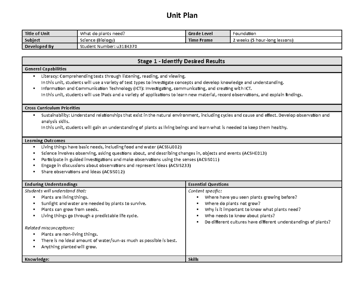 Unit Plan - Plants UBD for Foundation Science: What Do Plants Need ...