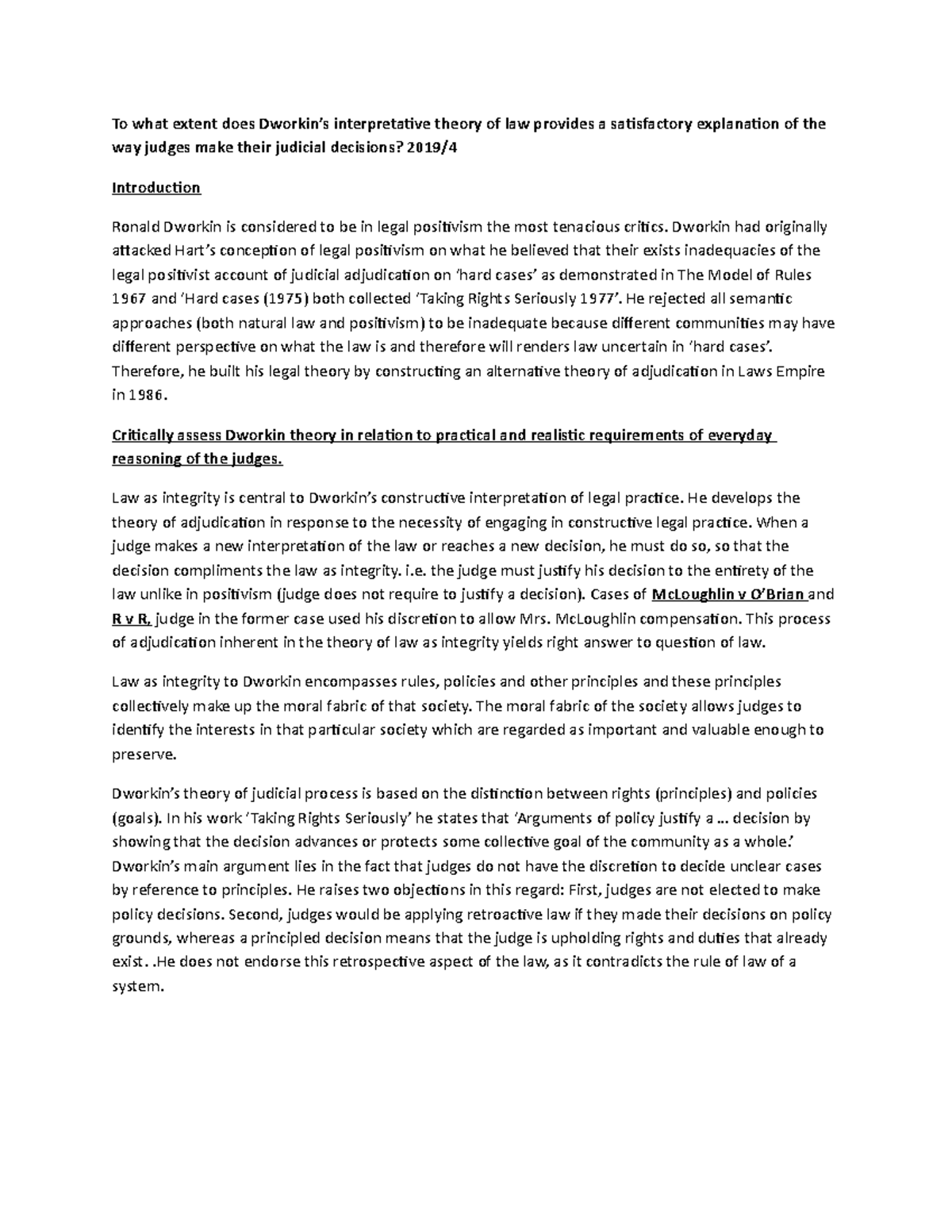 Dworkin's Interpretative Theory of Law: A Critical Assessment - Studocu