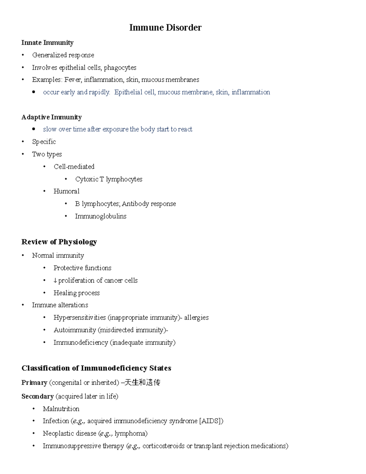 Immune Disorder - Lecture notes - Immune Disorder Innate Immunity ...