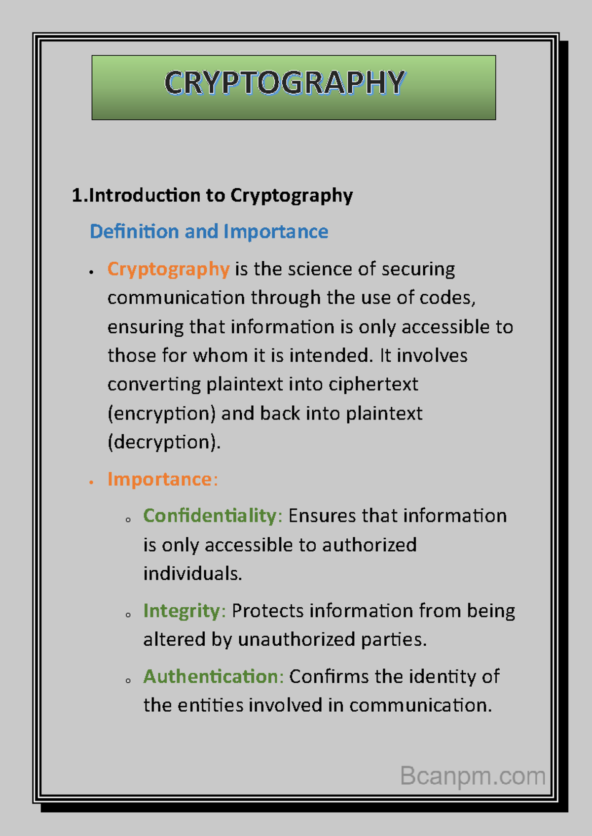 Cryptography (CS101) - Definition, Importance, and Key Concepts - Studocu