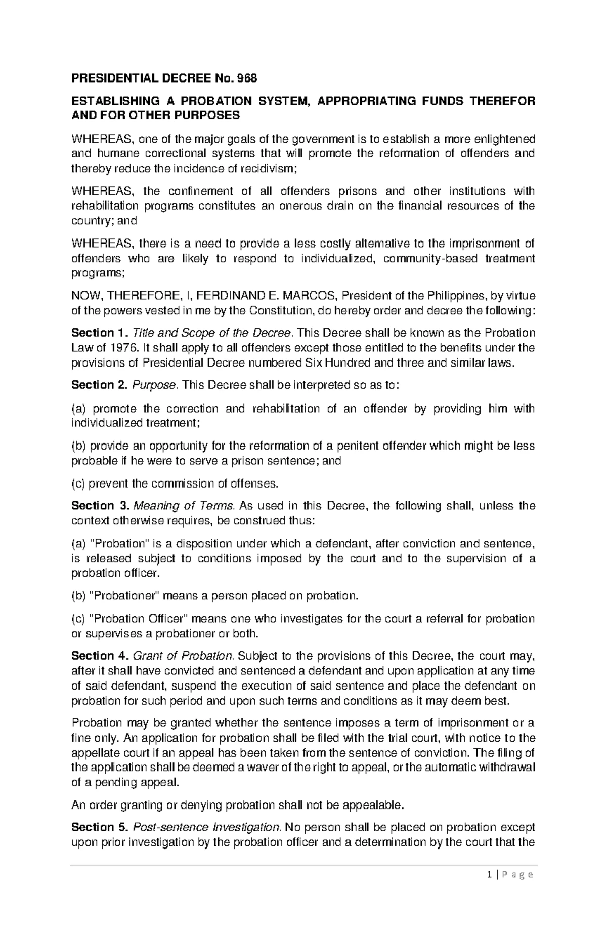 PRESIDENTIAL DECREE No. 968: Establishing the Probation System in the ...