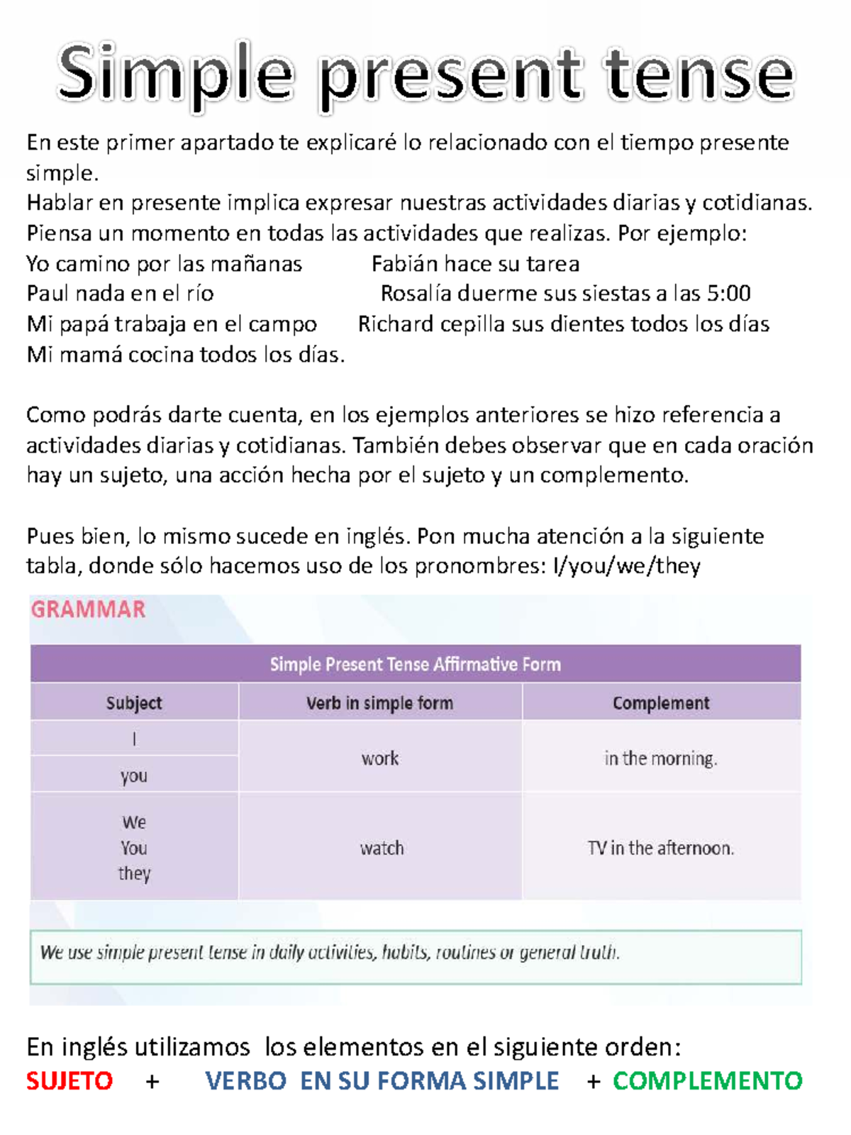 Explicación del Tiempo Presente Simple - Intensivo - Studocu