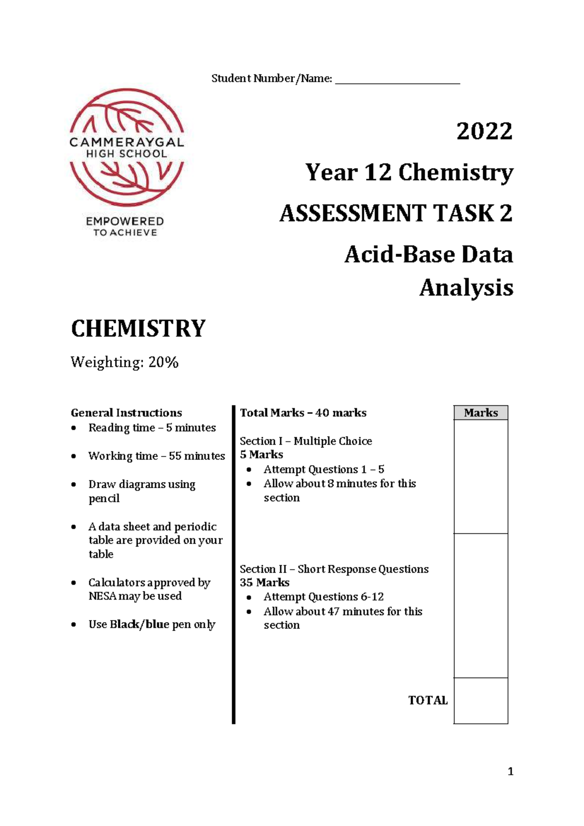 Cammeraygal 2022 HSC Chemistry Assessment Task 2 Data Analysis - Studocu