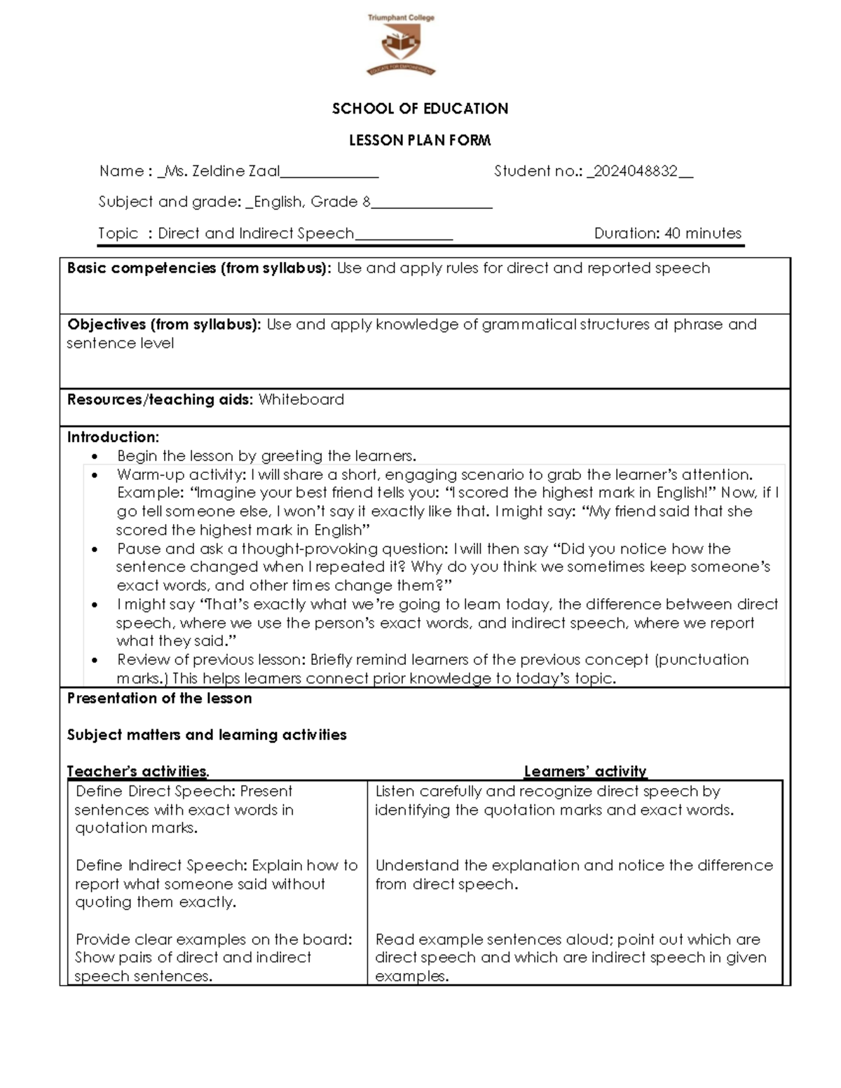 English 2^J Lesson Plan: Direct and Indirect Speech Activities - Studocu