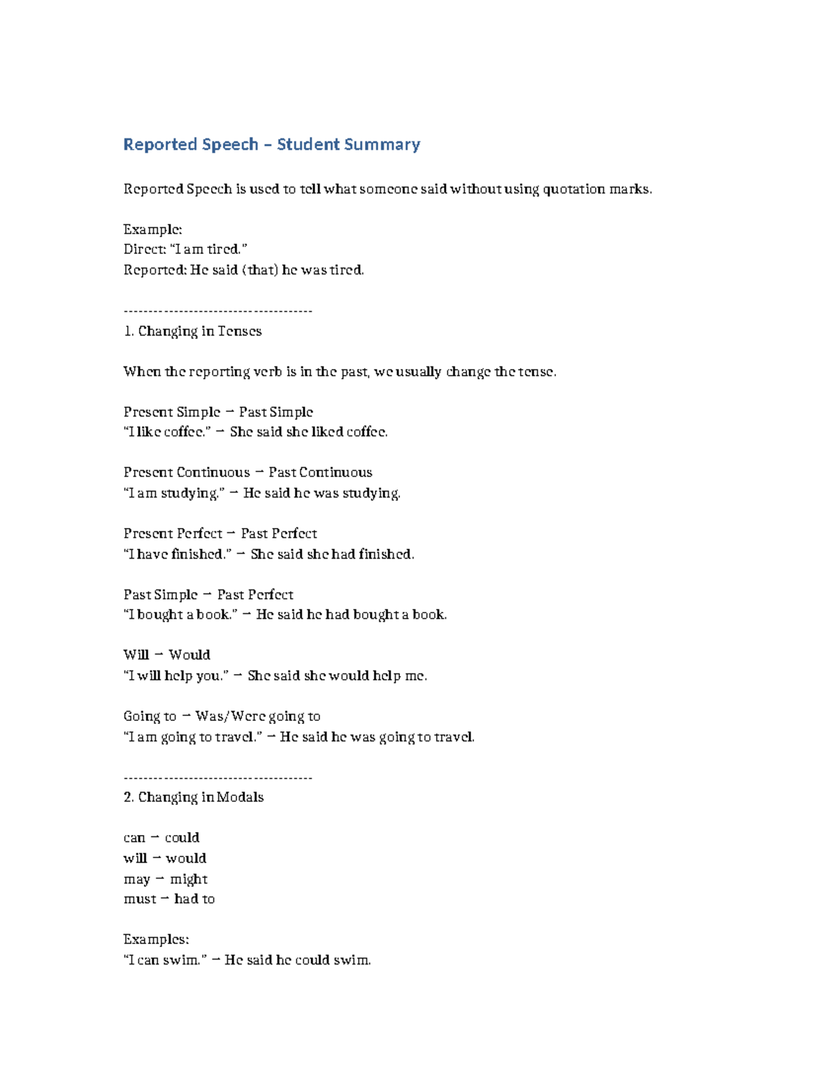 Reported Speech Summary for Students - ENG101 - Studocu
