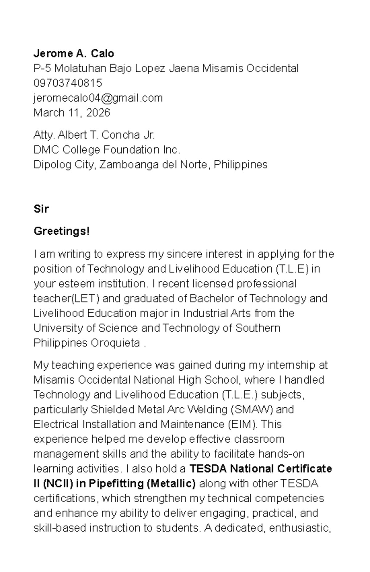 Application Letter for T.L.E Position - Jerome A. Calo - Studocu