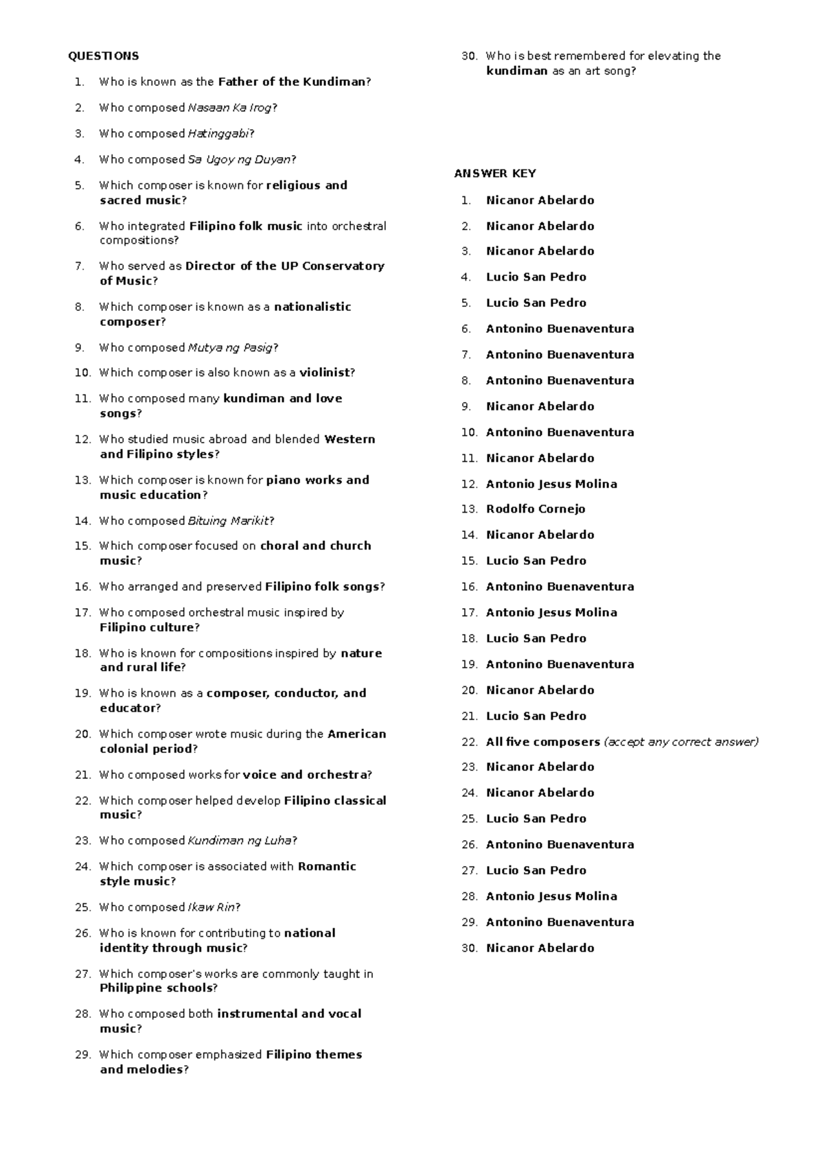 KUNDIMAN COMPOSERS QUIZ - MUSIC 101 - Studocu