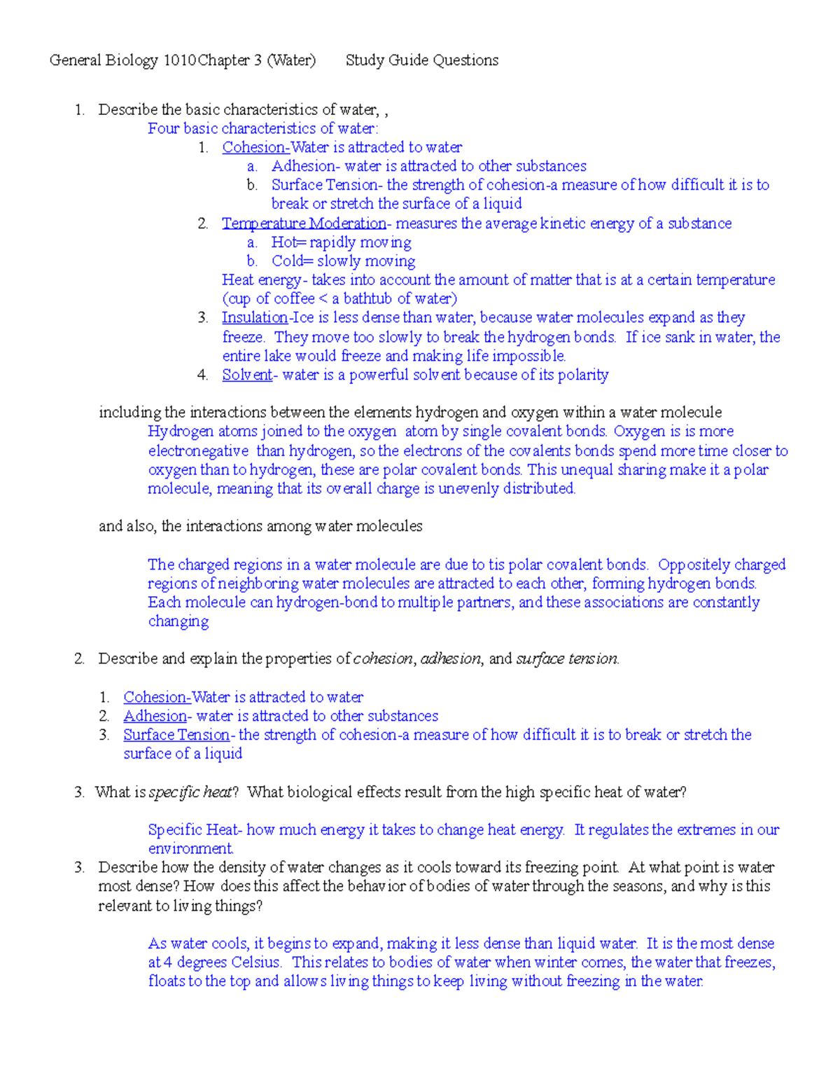 General Biology 1010 Chapter 3 (Water) Study Guide & Key Concepts - Studocu